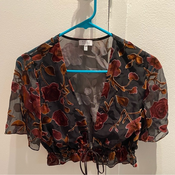 Tobi | Tops | Tobi Velvet Flower Crop Wrap Blouse With Ruffle Detail ...